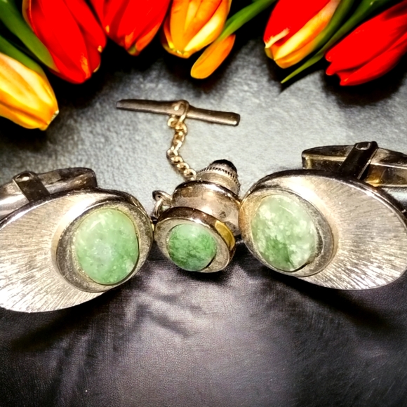 Foster | Accessories | 96s Vintage Jade Cufflinks W Tie Tack | Poshmark